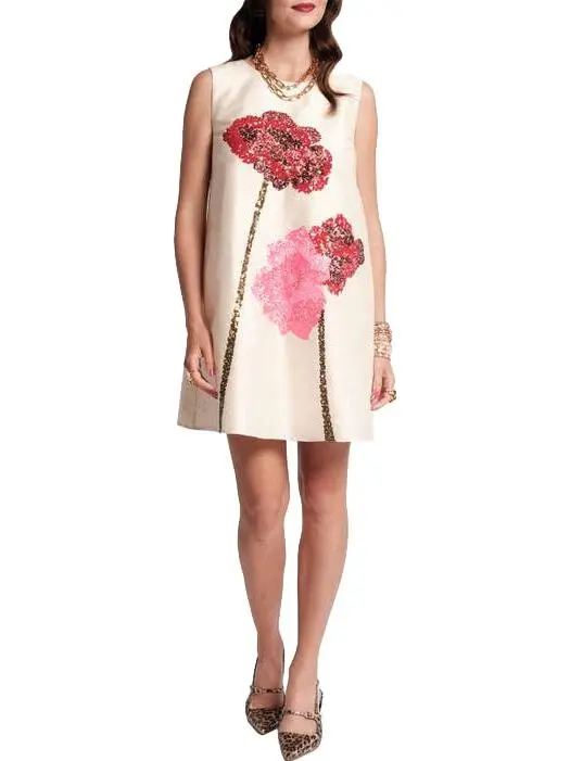 FRANCES VALENTINE Sleeveless Shift Dress With Poppy Appliques - Oyster/multi