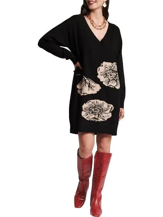 FRANCES VALENTINE Skye V-neck Floral Dress - Black/camel