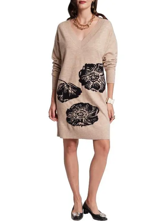 FRANCES VALENTINE Skye V-neck Floral Dress - Camel/navy
