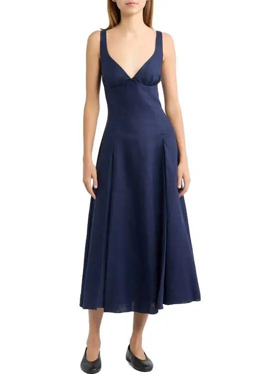 Faithfull The Brand Adalee Linen Sweetheart Neck Midi Dress - Navy