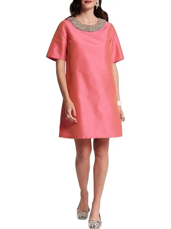FRANCES VALENTINE Embellished Collar Shift Dress - Coral