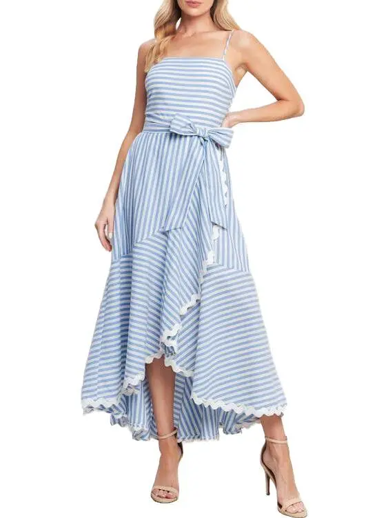 FLYING TOMATO Striped High-low Maxi Dress With Ruffled Skirt And Sash - White Blue