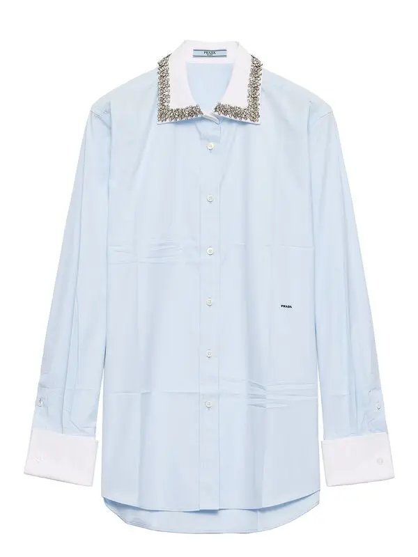 Prada Embroidered Poplin Shirt With Classic Collar And French Cuffs - Light Blue