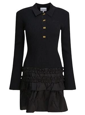 GANNI Ribbed Knit Dress With Ruffled Skirt - Black