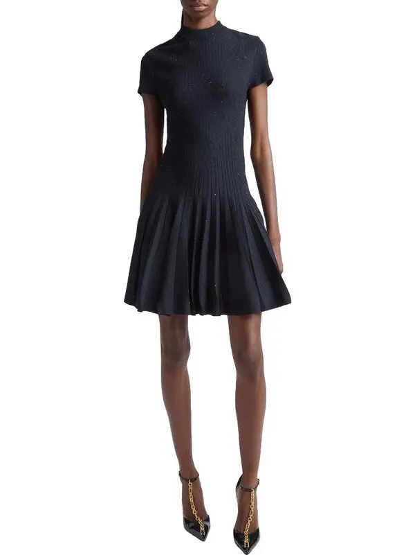 Balmain Glittered Compact Viscose Knit Dress With Geometric Jacquard Bodice - 6du Blue