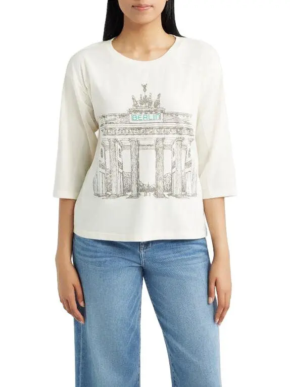 CITY BLUES Three-quarter-sleeve Graphic Print Top - Gardenia