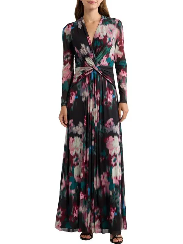 Anne Klein Floral Print Twist Front Maxi Dress - Deep Jade Multi