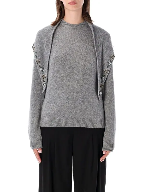 Prada Embellished Cashmere Sweater With Draped Scarf Detail - Grigio
