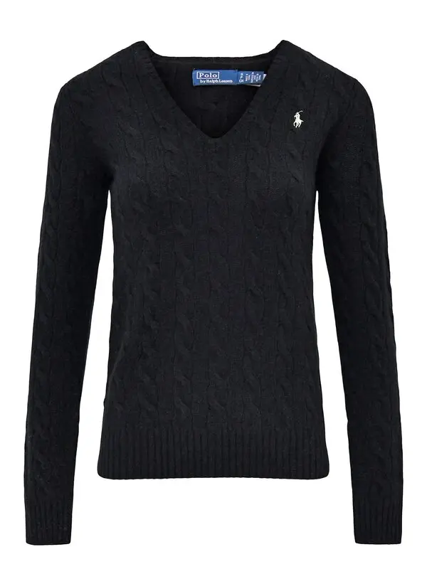 Ralph Lauren V-neck Cable Knit Sweater With Embroidered Logo - Black