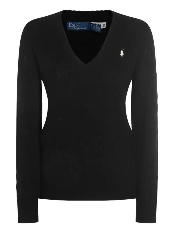 Ralph Lauren V-neck Cable Knit Sweater With Embroidered Logo - Black