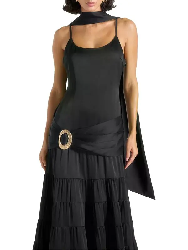 Manière De Voir Maniere De Voir Satin Tiered Maxi Dress With Sculptural Sash - Black