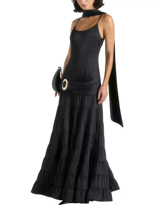 Manière De Voir Maniere De Voir Satin Tiered Maxi Dress With Sculptural Sash - Black