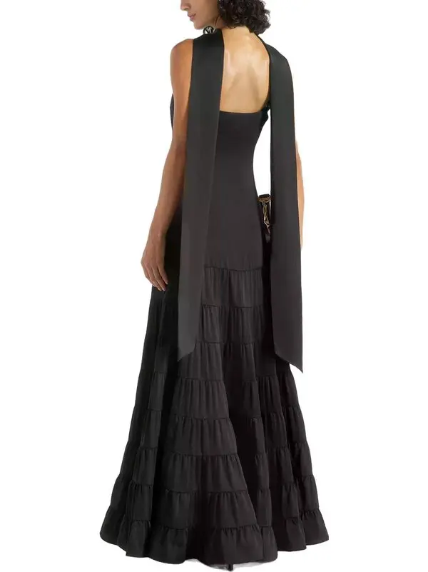 Manière De Voir Maniere De Voir Satin Tiered Maxi Dress With Sculptural Sash - Black