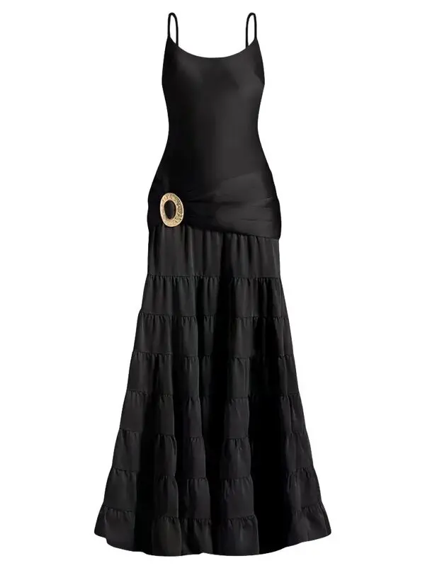 Manière De Voir Maniere De Voir Satin Tiered Maxi Dress With Sculptural Sash - Black