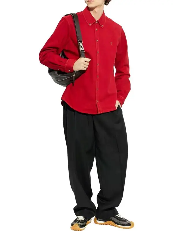 AMI Paris Cotton Shirt With De Coeur - Red