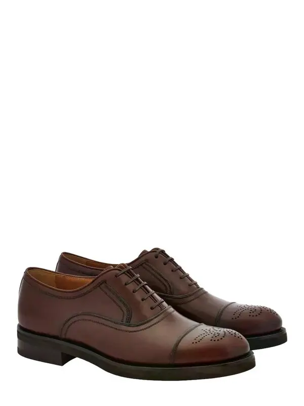 FERRAGAMO Leather Oxford Shoes With Broguing Detail - Brown
