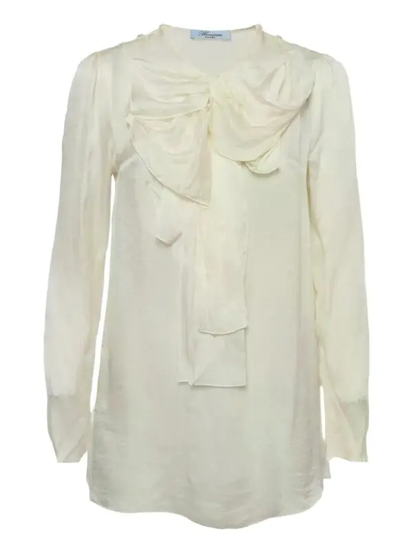 Blumarine Cream Silk Draped Bow Detail Long Sleeve Top - White