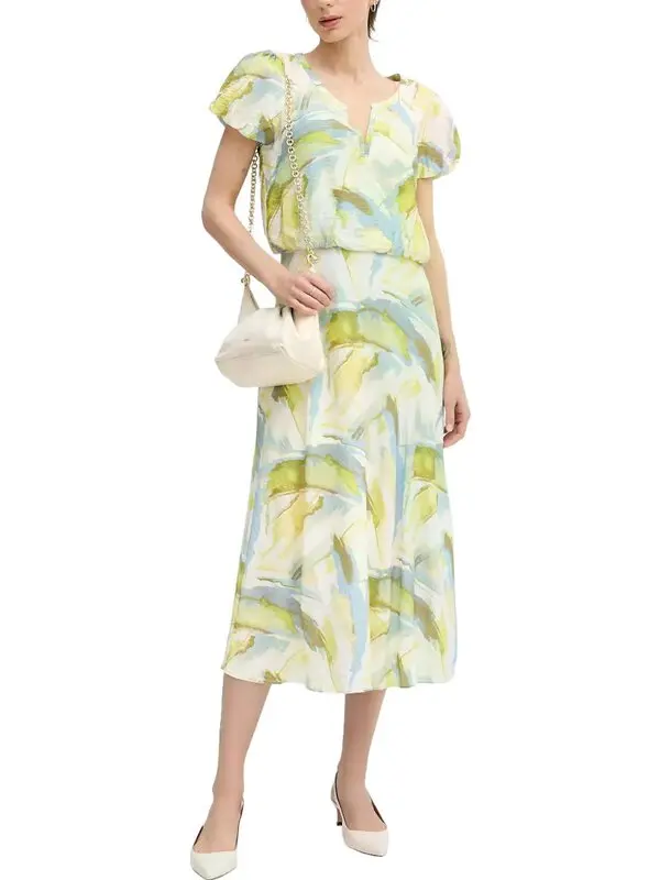 Dkny V-neck Puff-sleeve Abstract Print Seersucker Midi Dress - White