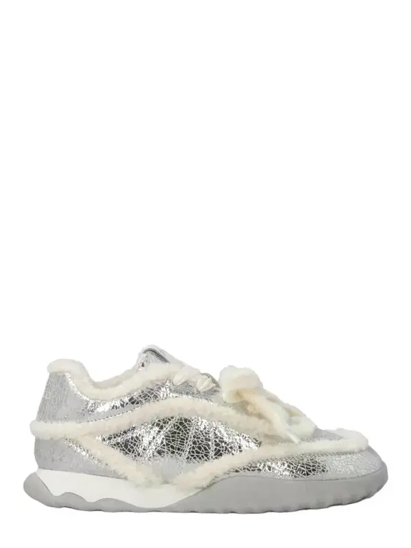 Pinko Cracked-effect Shearling Trim Sneakers - Silver