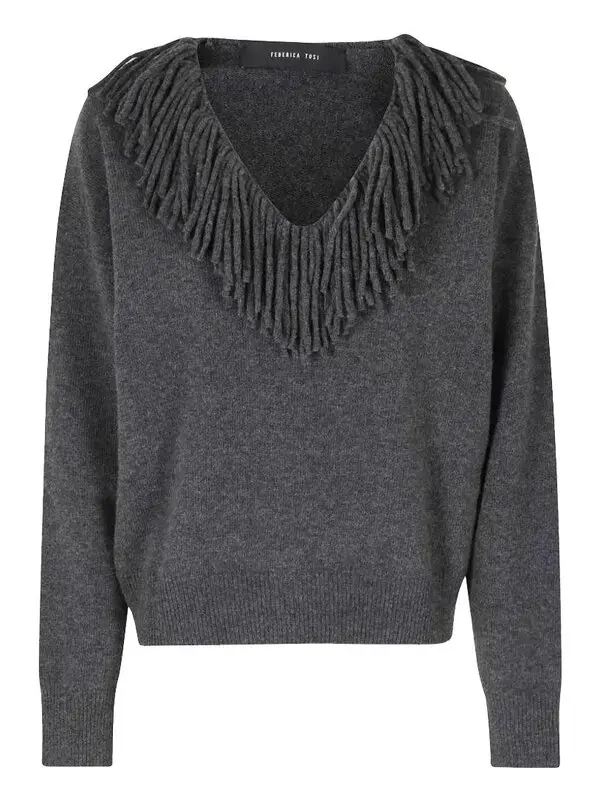 Federica Tosi Fringe Trim V-neck Sweater - Grey
