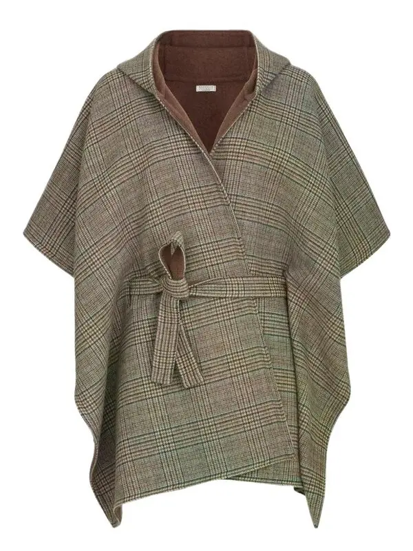 Brunello Cucinelli Hand-crafted Reversible Hooded Poncho In Prince Of Wales Double Cloth - Brown