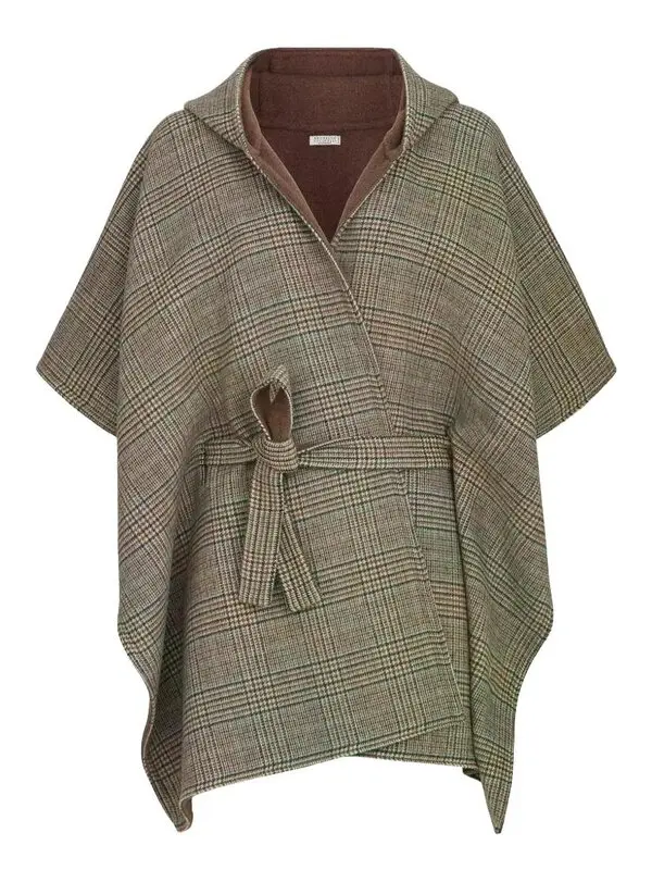 Brunello Cucinelli Hand-crafted Reversible Hooded Poncho In Prince Of Wales Double Cloth - Brown