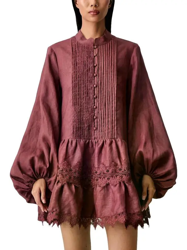 Bardot Lace-trim Pleated-bib Dress - Brown
