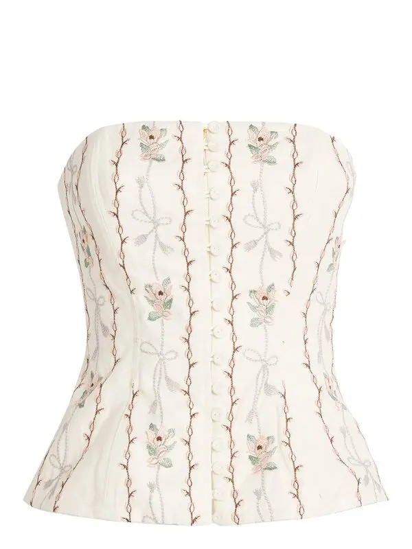 Agua Bendita Strapless Embroidered Linen Corset Top - Ivory