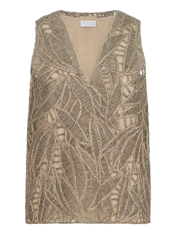 Brunello Cucinelli Embroidered Sleeveless Top - Beige