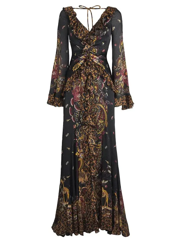 Etro Silk Maxi Dress With Paisley And Leopard Print - Black