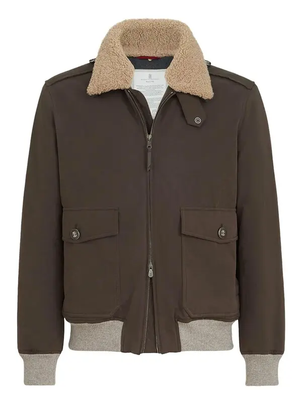 Brunello Cucinelli Waxed Techno-cotton Bomber Jacket With Shearling Collar - Brown
