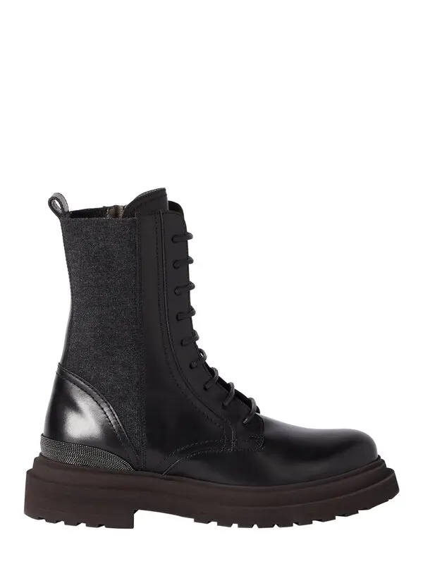 Brunello Cucinelli Leather And Wool Monili Embellished Combat Boots - Black