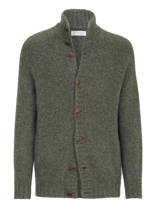 Brunello Cucinelli Cashmere-silk High-neck Cardigan With Emblematic Brass Buttons - Green