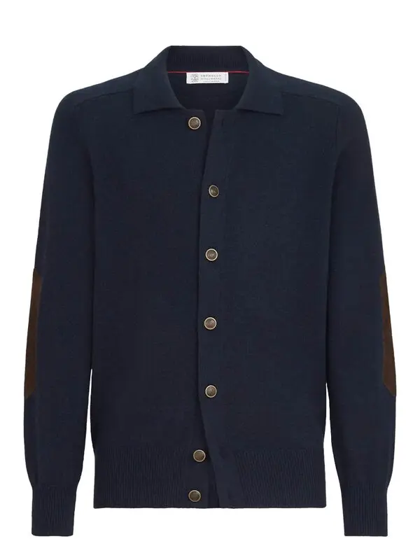 Brunello Cucinelli Cashmere Cardigan With Suede Trim - Blue