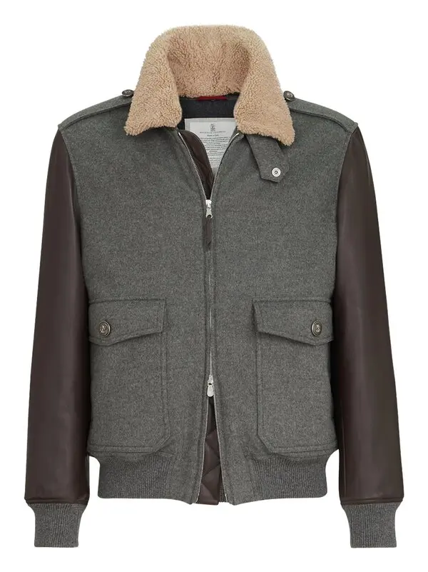 Brunello Cucinelli Cashmere Bomber Jacket With Leather Sleeves And Shearling Collar - Grey
