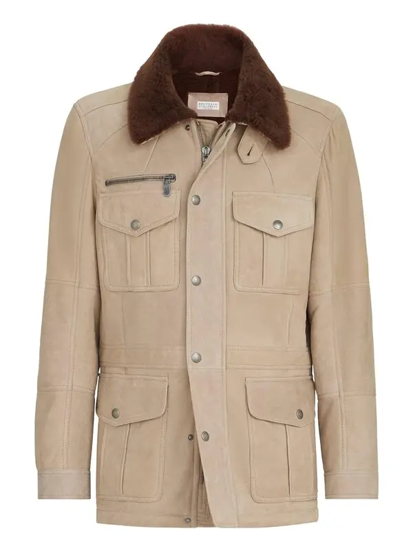 Brunello Cucinelli Waxed Shearling Safari Jacket - White
