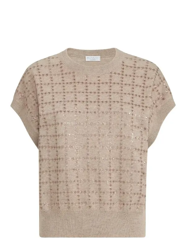 Brunello Cucinelli Cashmere Sequin Check Knit T-shirt - Brown