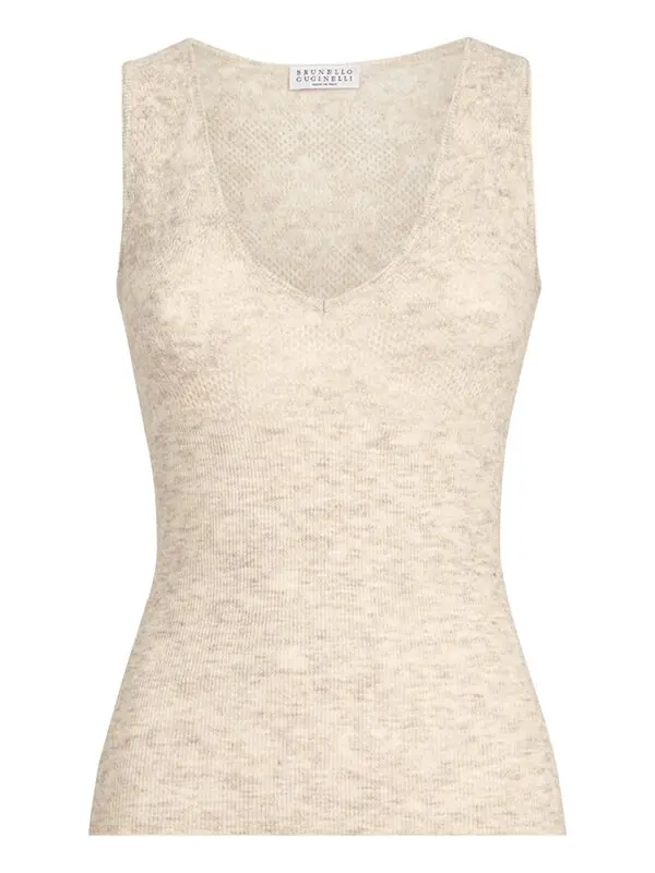 Brunello Cucinelli Silk, Alpaca, And Wool Lace-detail V-neck Top - Beige