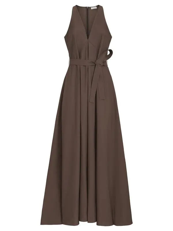 Brunello Cucinelli Techno-cotton Poplin Belted Maxi Dress - Brown