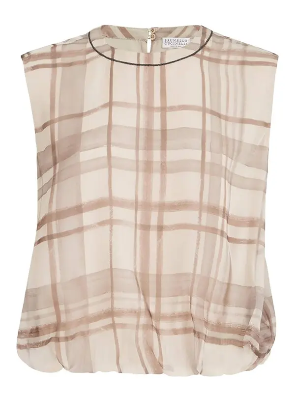 Brunello Cucinelli Sleeveless Silk Check Top - Beige