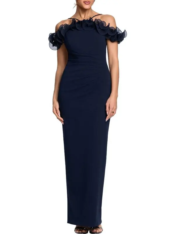 XSCAPE EVENINGS Wire Ruffle Cold Shoulder Sheath Gown - Navy
