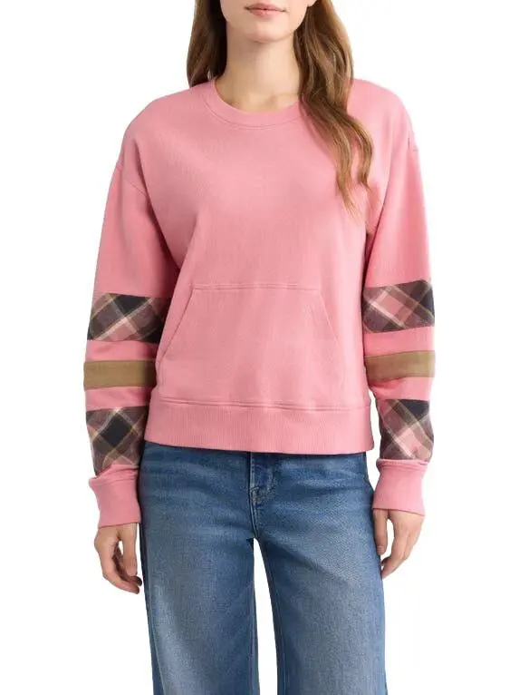 CITY BLUES Plaid Sleeve Crewneck Sweatshirt - Orchid