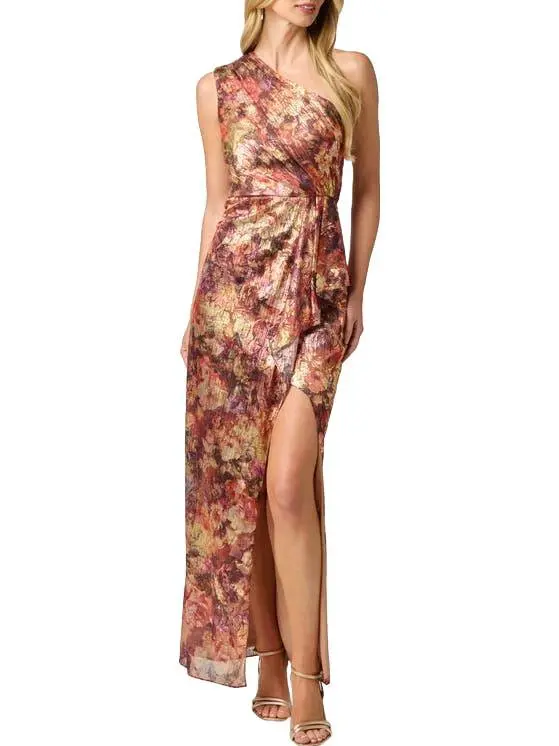 Adrianna Papell Metallic Floral One-shoulder Chiffon Gown - Gold Multi