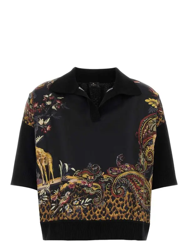 Etro Wool Blend Polo Shirt With Paisley And Animal Print - Black