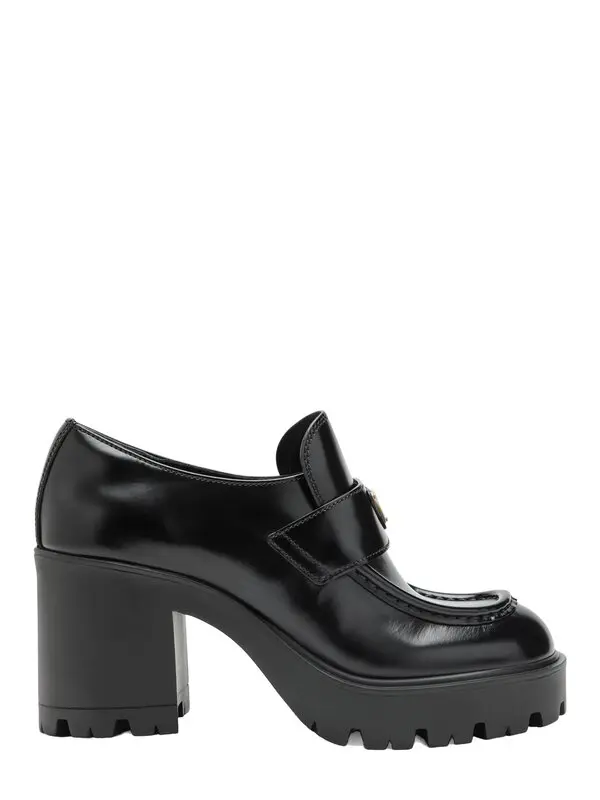 Prada Brushed Leather Heeled Loafers With Enamelled Triangle Logo - Black