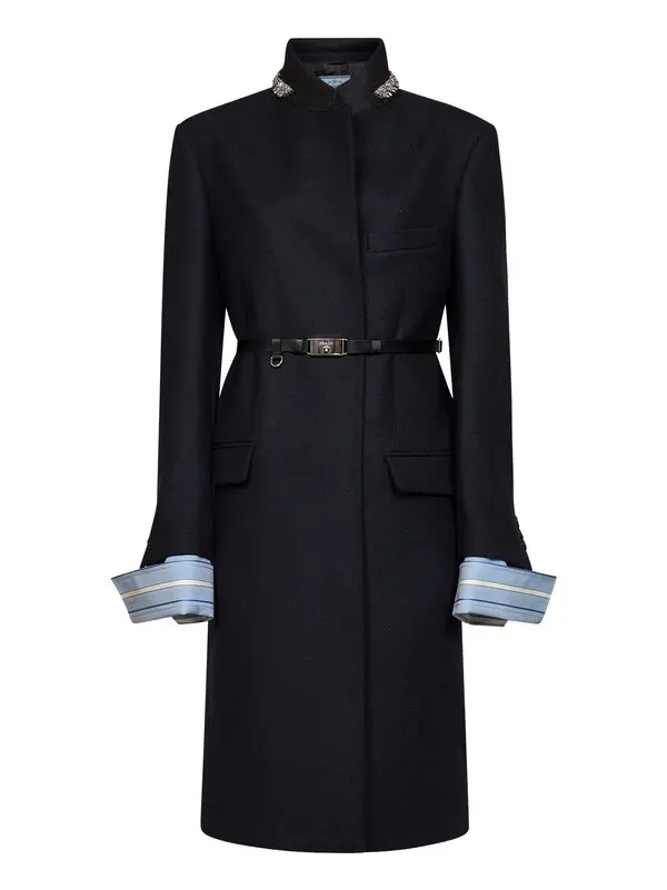 Prada Virgin Wool Embroidered Belted Coat - Multicolor