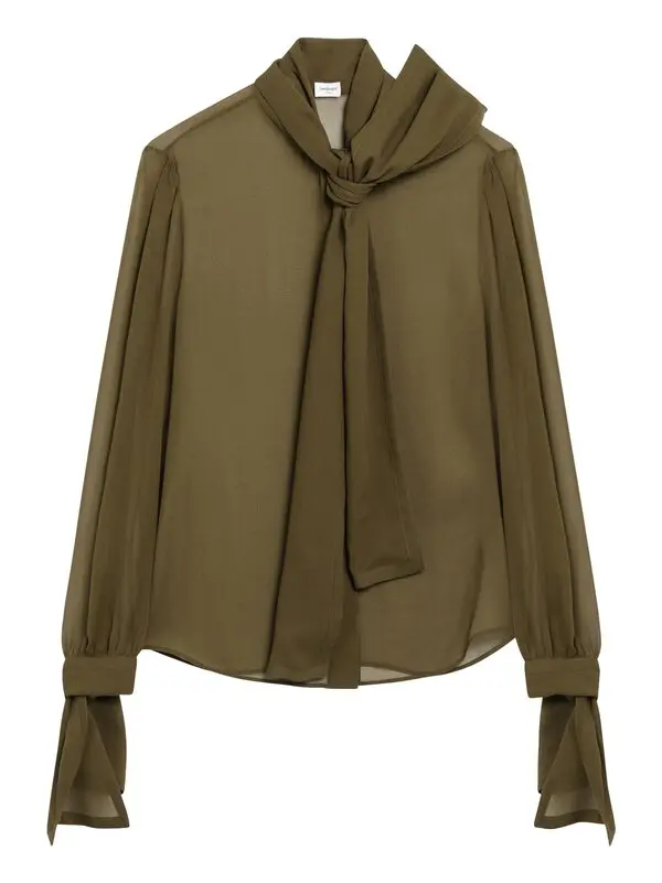 Saint Laurent Lavallière Blouse In Bronze Silk - Green