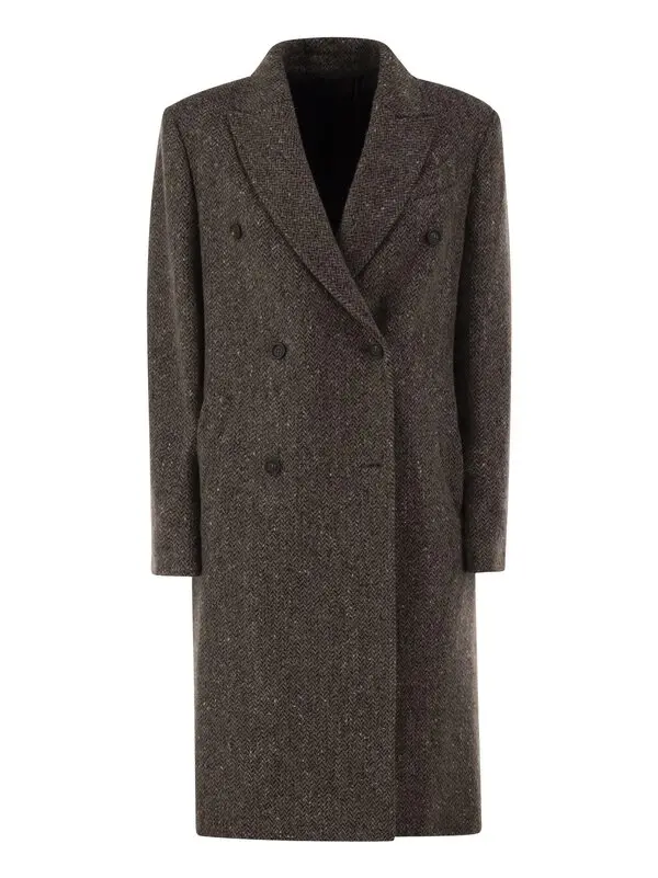 Brunello Cucinelli Double-breasted Sequined Herringbone Tweed Coat - Brown
