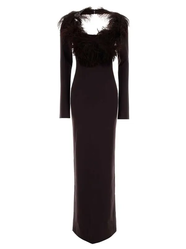 Attico Aubergine Jersey Long Dress With Feather Embellishment - Purple
