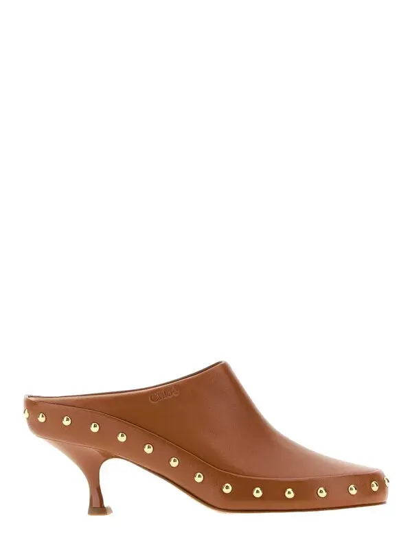 Chloé Camel Leather Studded Mules - Brown